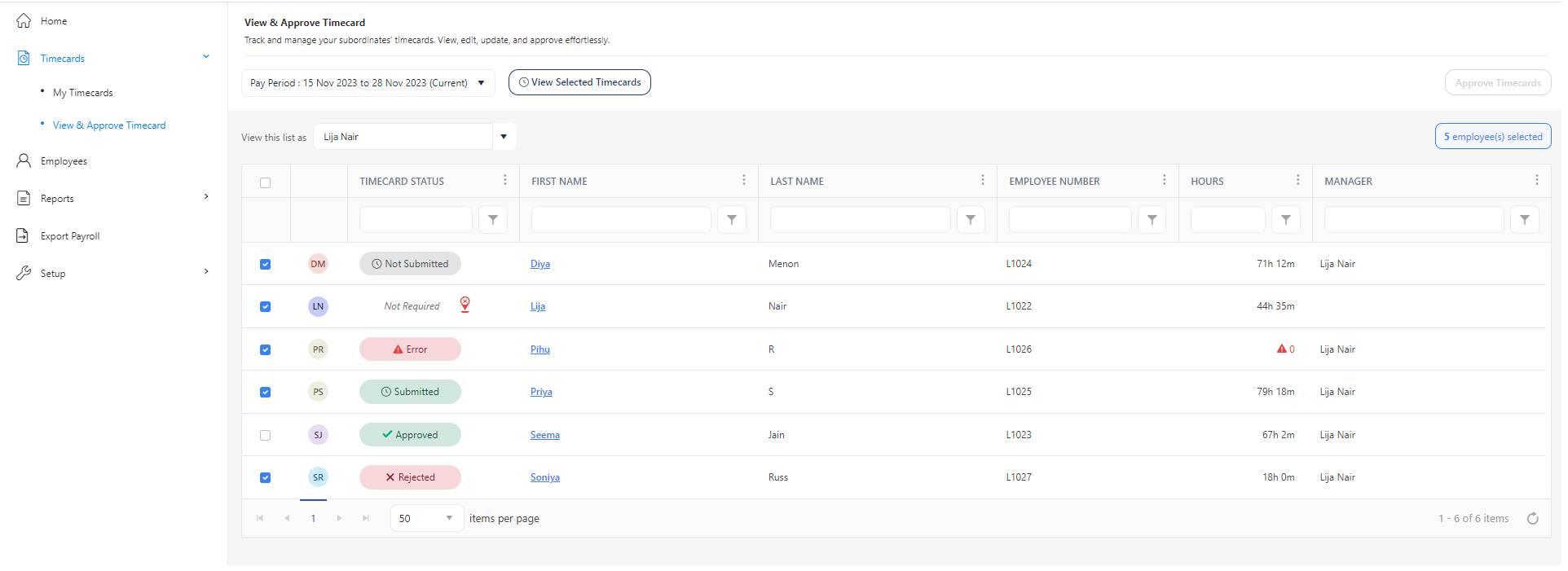 View & Approve Timecards
